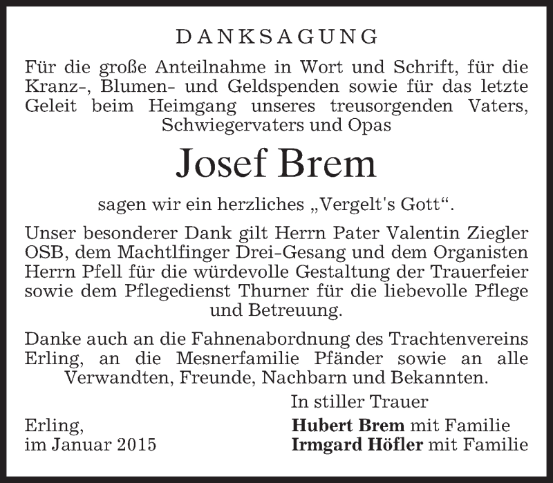 Traueranzeigen von Josef Brem | trauer.merkur.de