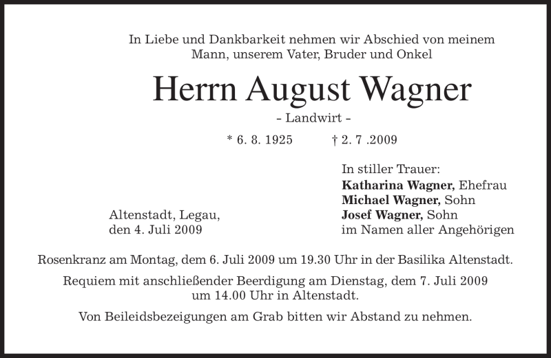 Traueranzeigen von August Wagner | trauer.merkur.de