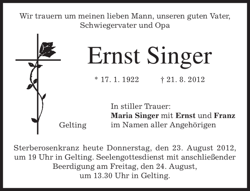 Traueranzeigen von Ernst Singer | trauer.merkur.de