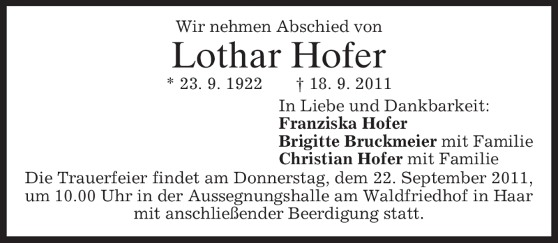 Traueranzeigen von Lothar Hofer | trauer.merkur.de