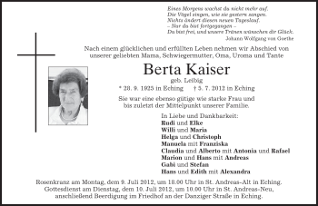 Traueranzeigen von Berta Kaiser | trauer.merkur.de