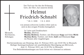 Traueranzeigen von Helmut Friedrich-Schnabl | trauer.merkur.de
