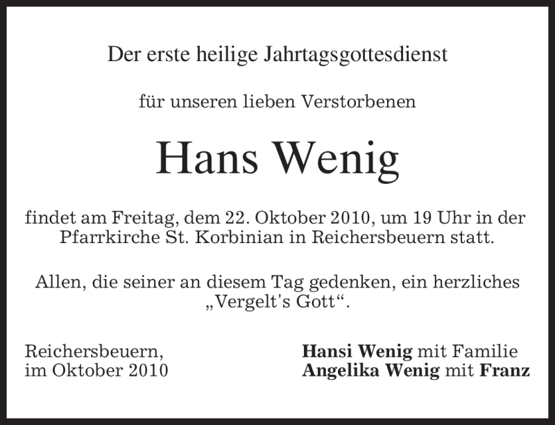 Traueranzeigen von Hans Wenig | trauer.merkur.de