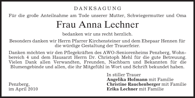 Traueranzeigen von Anna Lechner | trauer.merkur.de