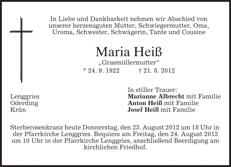 Traueranzeigen von Maria Heiß | trauer.merkur.de