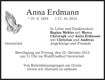 Traueranzeigen von Anna Erdmann | trauer.merkur.de