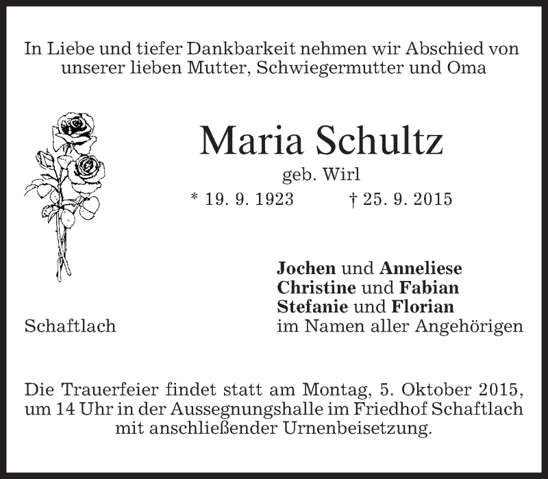 Traueranzeigen von Maria Schultz | trauer.merkur.de
