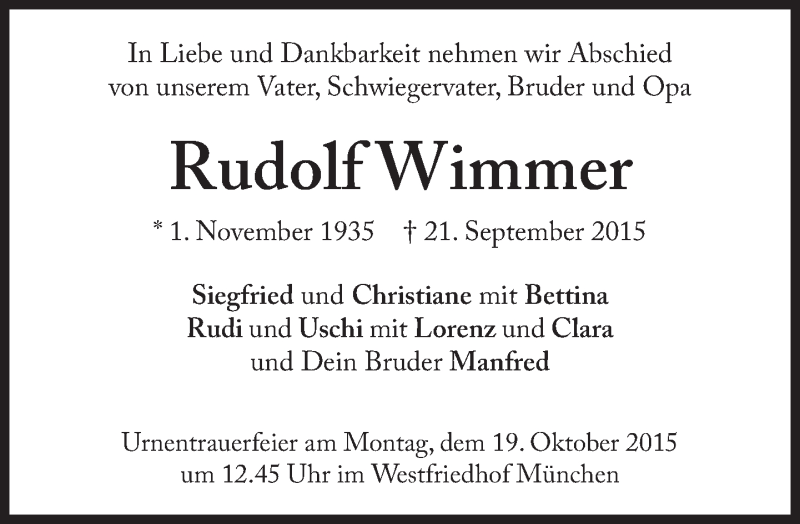 Traueranzeigen von Rudolf Wimmer | trauer.merkur.de