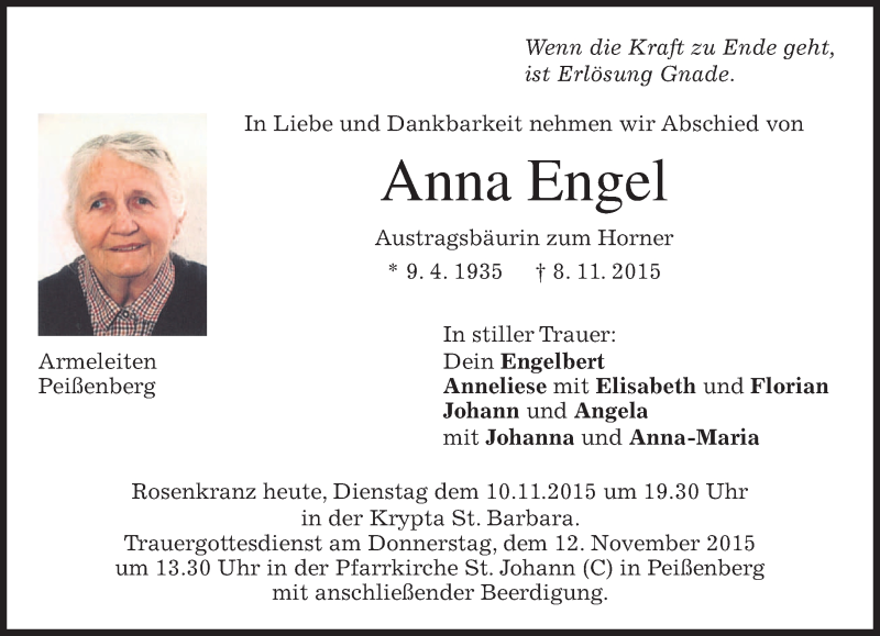 Traueranzeigen von Anna Engel | trauer.merkur.de