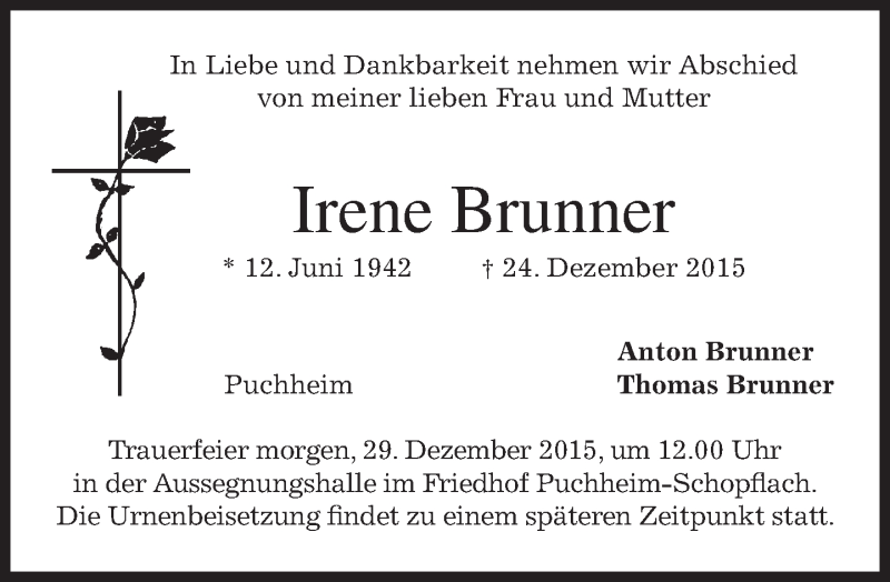 Traueranzeigen von Irene Brunner | trauer.merkur.de