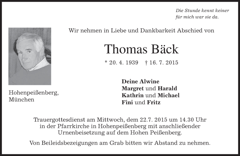 Traueranzeigen von Thomas Bäck | trauer.merkur.de