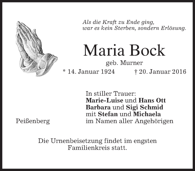Traueranzeigen von Maria Bock | trauer.merkur.de