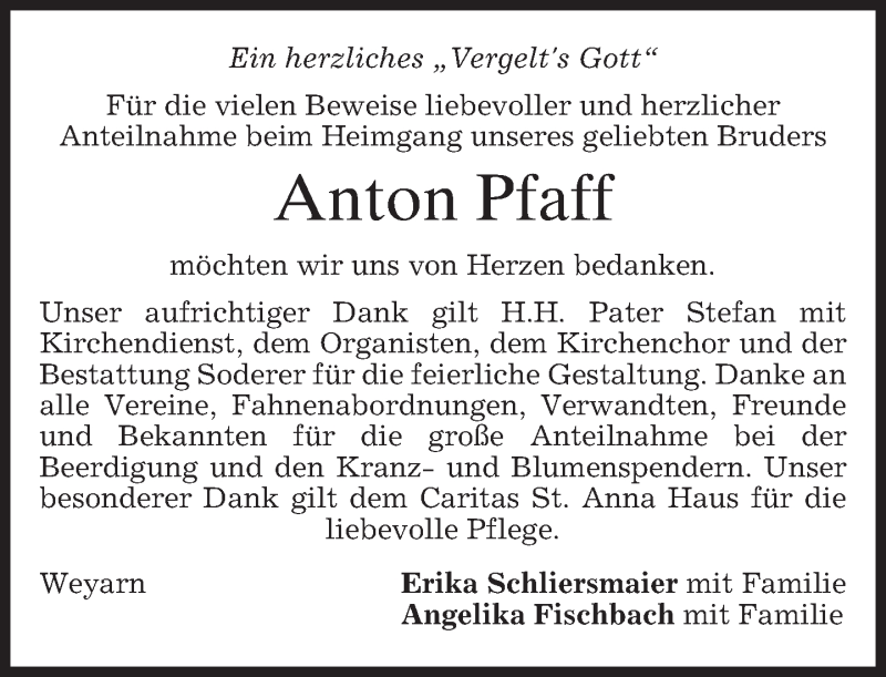 Traueranzeigen von Anton Pfaff | trauer.merkur.de