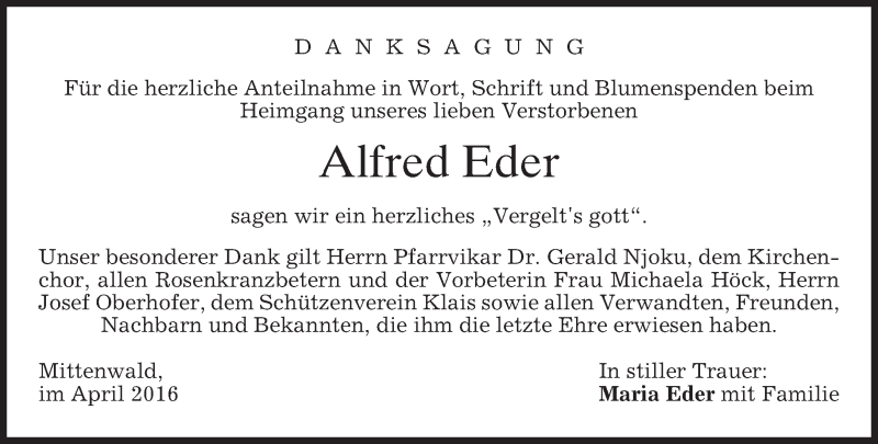 Traueranzeigen von Alfred Eder | trauer.merkur.de
