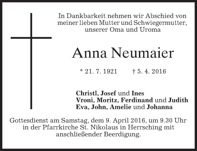 Traueranzeigen von Anna Neumaier | trauer.merkur.de
