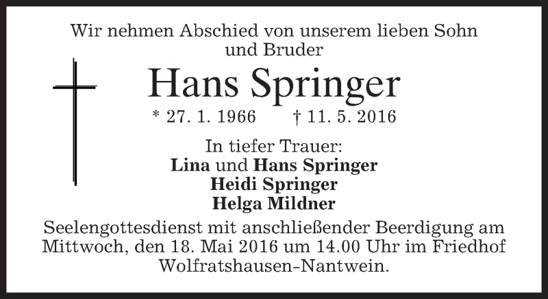 Traueranzeigen von Hans Springer | trauer.merkur.de
