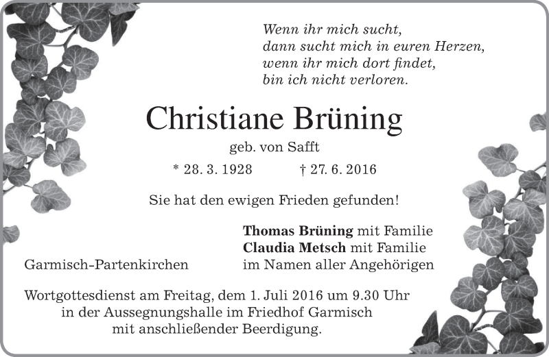 Traueranzeigen von Christiane Brüning | trauer.merkur.de