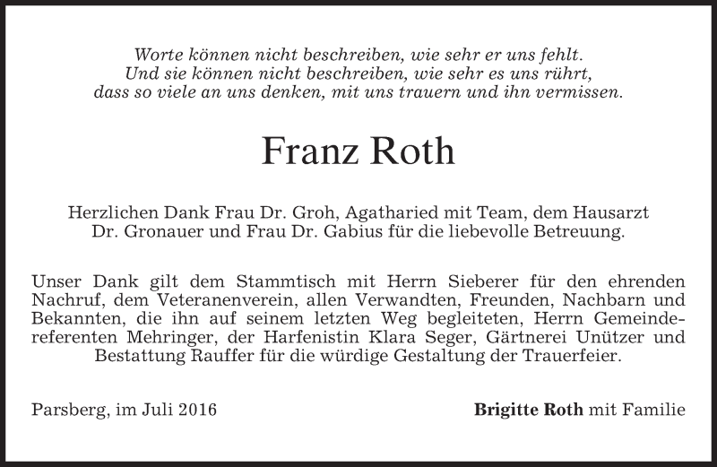 Traueranzeigen von Franz Roth | trauer.merkur.de