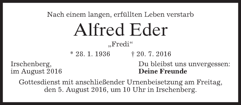 Traueranzeigen von Alfred Eder | trauer.merkur.de