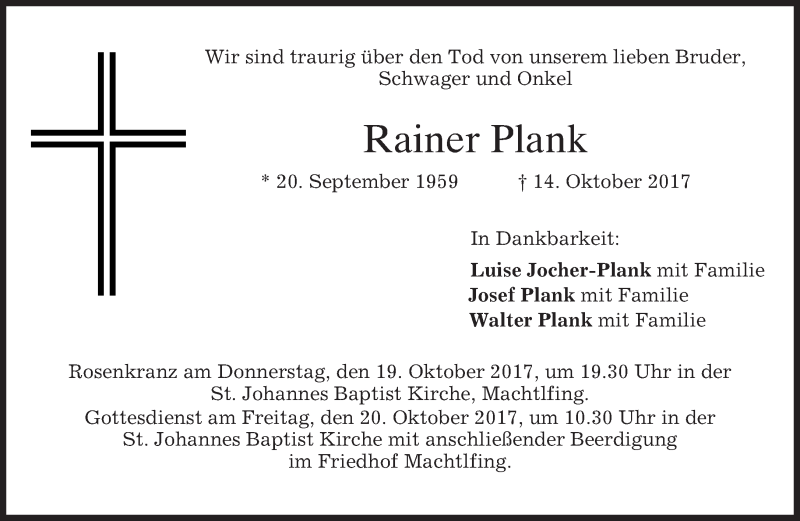 Traueranzeigen von Rainer Plank | trauer.merkur.de