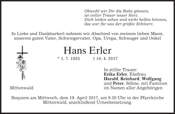 Traueranzeigen von Hans Erler | trauer.merkur.de