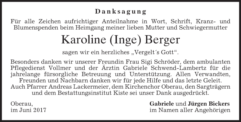 Traueranzeigen von Karoline Berger | trauer.merkur.de