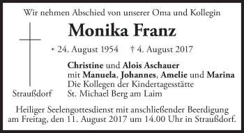Traueranzeigen von Monika Franz | trauer.merkur.de