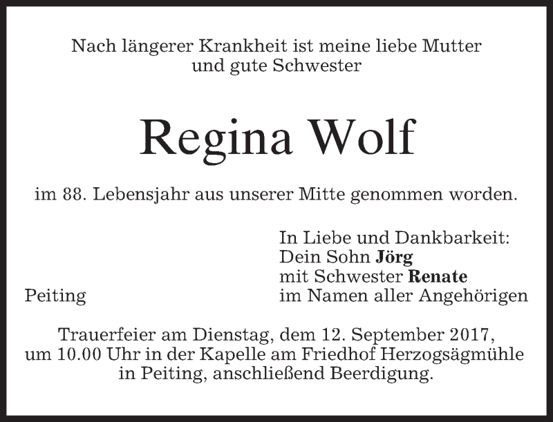 Traueranzeigen von Regina Wolf | trauer.merkur.de
