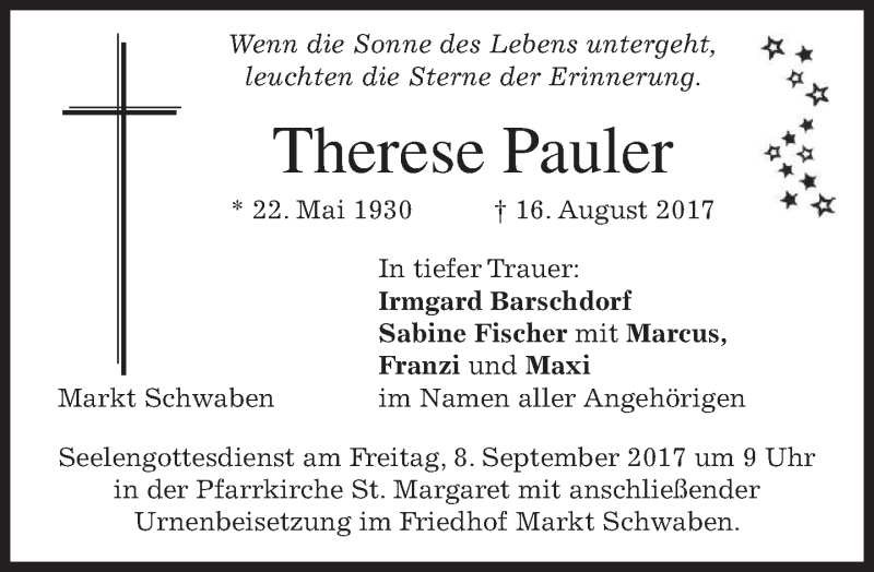 Traueranzeigen von Therese Pauler | trauer.merkur.de