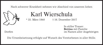 Traueranzeigen von Karl Wierschula | trauer.merkur.de