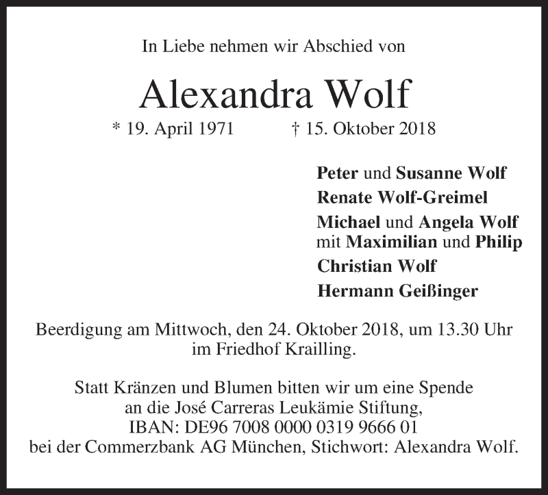 Traueranzeigen von Alexandra Wolf | trauer.merkur.de