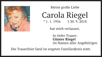 Traueranzeigen von Carola Riegel | trauer.merkur.de