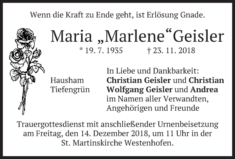 Traueranzeigen von Maria Geisler | trauer.merkur.de