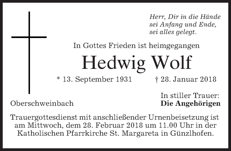 Traueranzeigen von Hedwig Wolf | trauer.merkur.de