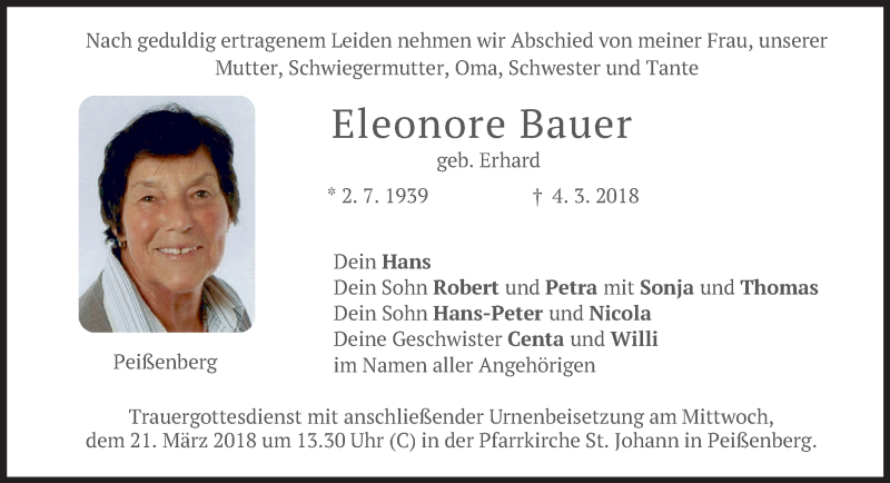 Traueranzeigen von Eleonore Bauer | trauer.merkur.de