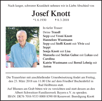Traueranzeigen von Josef Knott | trauer.merkur.de