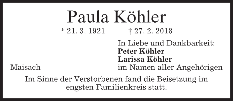 Traueranzeigen von Paula Köhler | trauer.merkur.de