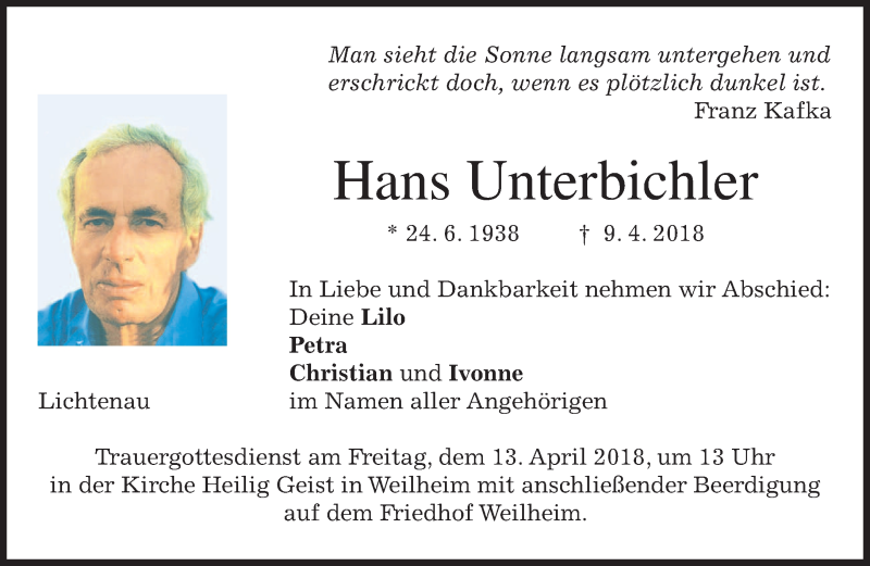 Traueranzeigen von Hans Unterbichler | trauer.merkur.de