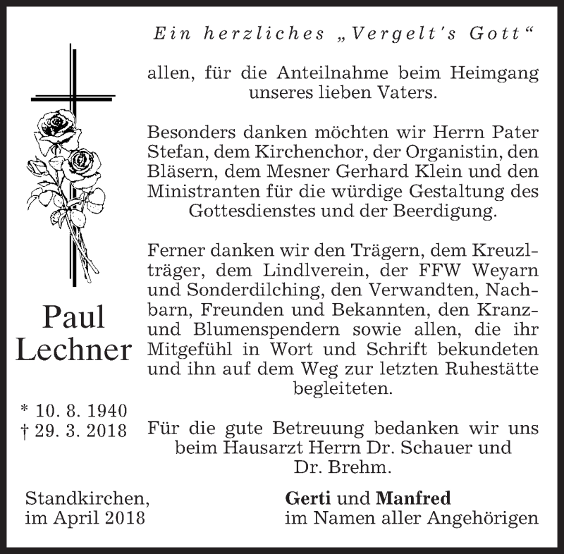 Traueranzeigen von Paul Lechner | trauer.merkur.de