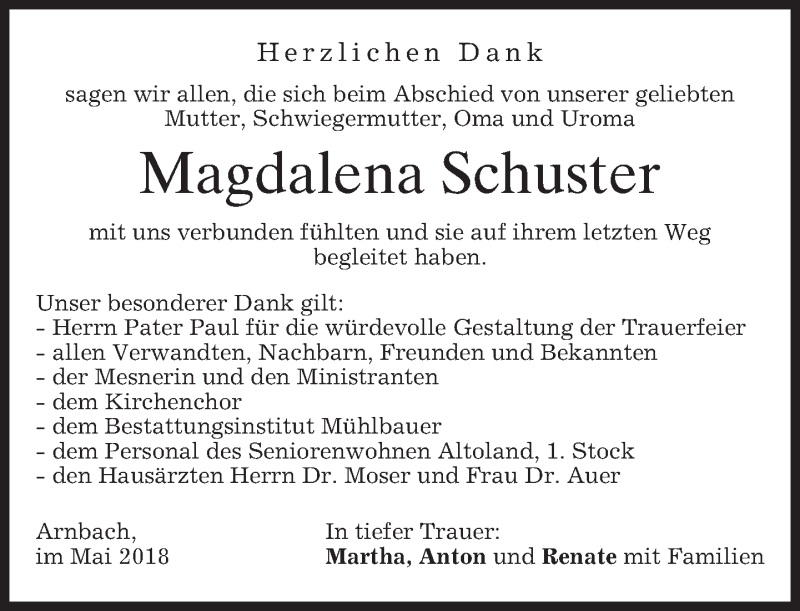 Traueranzeigen von Magdalena Schuster | trauer.merkur.de