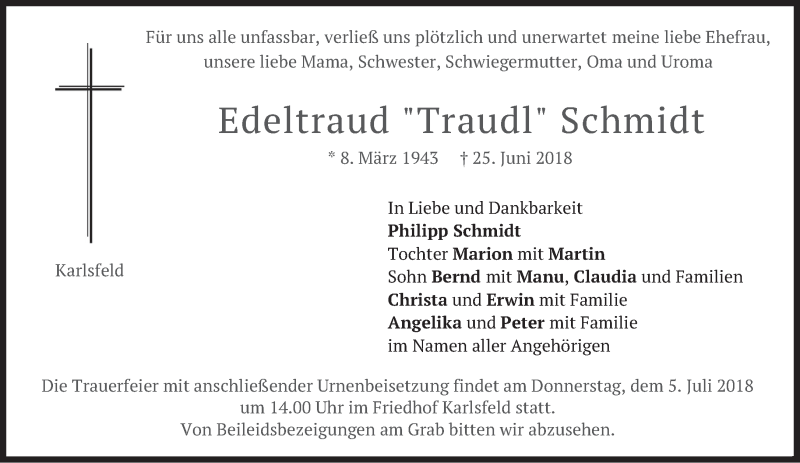 Traueranzeigen von Edeltraud Schmidt | trauer.merkur.de