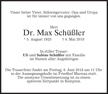 Traueranzeigen von Max Schüßler | trauer.merkur.de