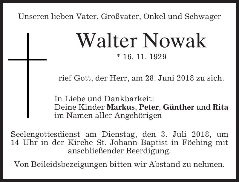 Traueranzeigen von Walter Nowak | trauer.merkur.de