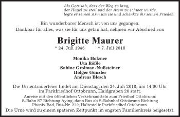 Traueranzeigen von Brigitte Maurer | trauer.merkur.de