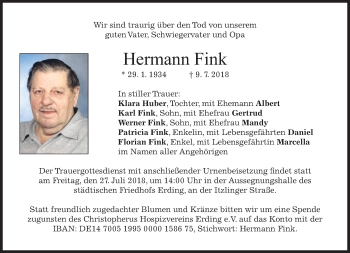 Traueranzeigen von Hermann Fink | trauer.merkur.de