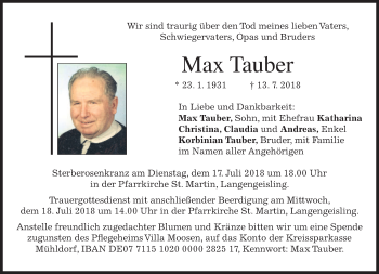 Traueranzeigen von Max Tauber | trauer.merkur.de