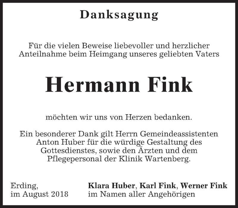 Traueranzeigen von Hermann Fink | trauer.merkur.de