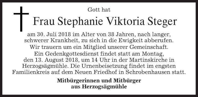 Traueranzeigen von Stephanie Viktoria Steger | trauer.merkur.de