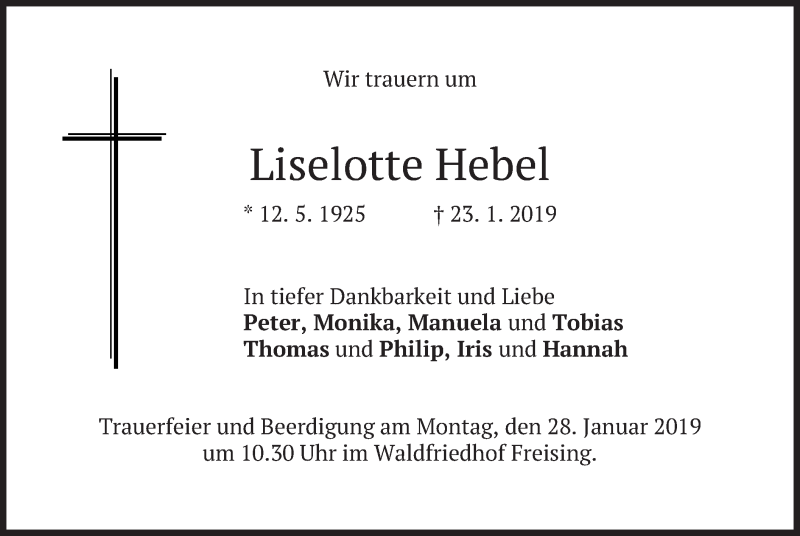 Traueranzeigen von Liselotte Hebel | trauer.merkur.de
