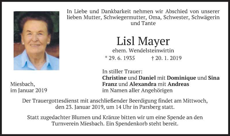 Traueranzeigen von Lisl Mayer | trauer.merkur.de